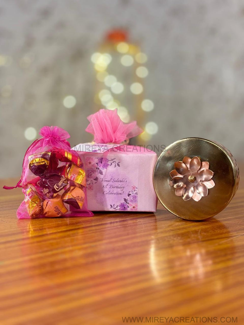 Premium Return Gift – 4″ Brass Jar with Chocolates – Mireya Creations
